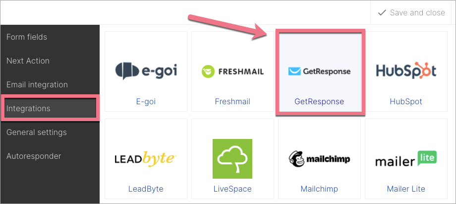 In-app GetResponse integration | Help Center | Landingi