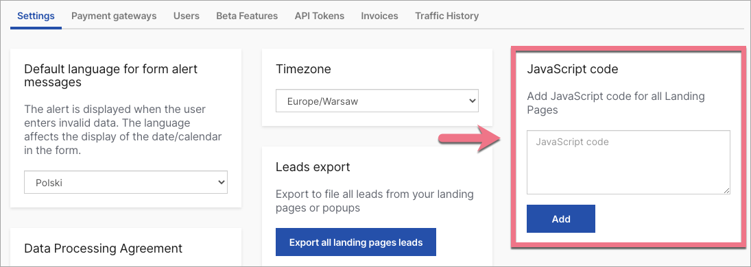 Adding JavaScript code to all landing pages | Help Center | Landingi