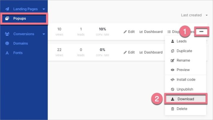 Downloading/importing pop-ups (.popup file) | Help Center | Landingi
