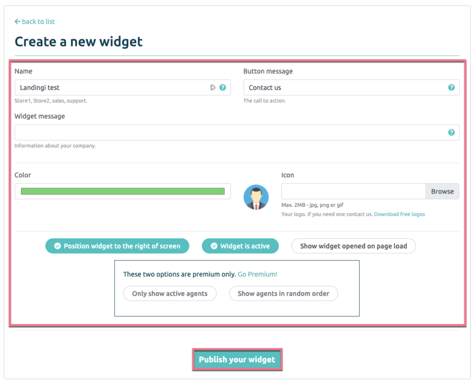 WhatsApp chat on a landing page - Landingi