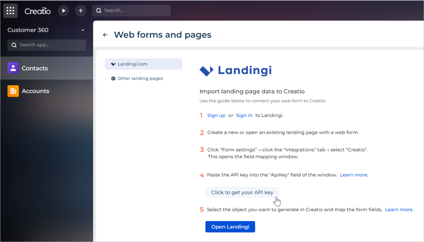 In-app Creatio integration | Help Center | Landingi